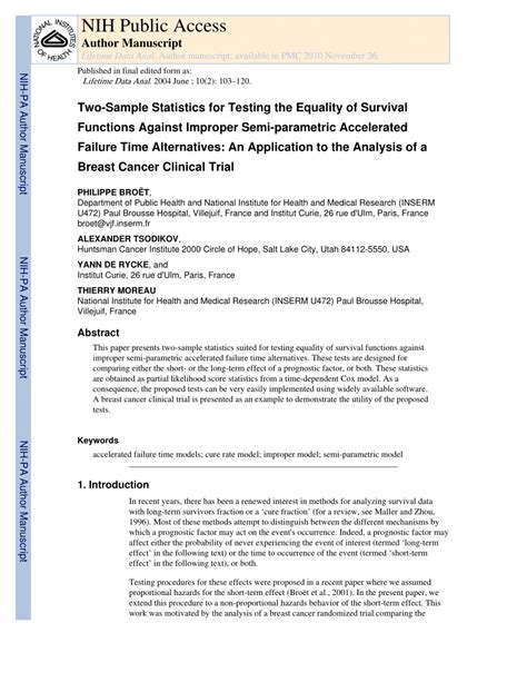 Pdf Two Sample Statistics For Testing The Equality Of Survival