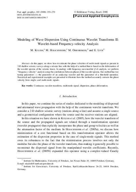 Pdf Modeling Of Wave Dispersion Using Continuous Wavelet Transforms