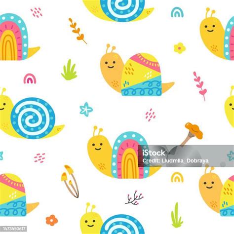 달팽이 무지개 버섯 꽃과 원활한 패턴입니다 직물 포장지 어린이 의류 섬유 벽지에 대 한 창조적 인 숲 질감 벡터 그림입니다 곤충에 대한 스톡 벡터 아트 및 기타 이미지