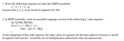 Solved 1 Write The Following Sequence Of Code Into Mips