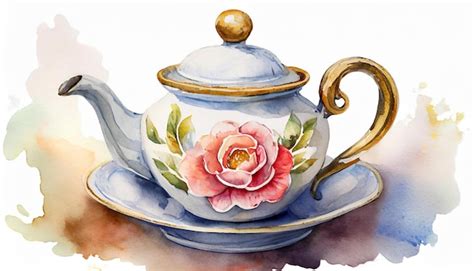Watercolor Vintage Teapot Decorated With Gold Pink Roses And Leaves Hot