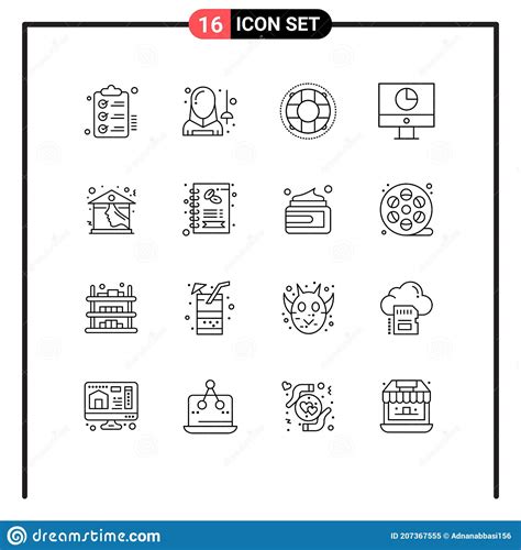 Modern Set Of 16 Outlines And Symbols Such As Graph Computer Man Preserver Lifebuoy Stock
