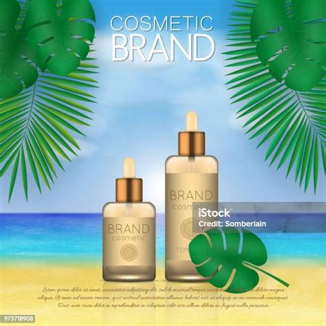 이국적인 야자수와 해변 배경에 여름 선크림 화장품 디자인 서식 파일 나뭇잎 3d 현실 태양 보호와 제품 광고입니다 3차원 형태에 대한 스톡 벡터 아트 및 기타 이미지
