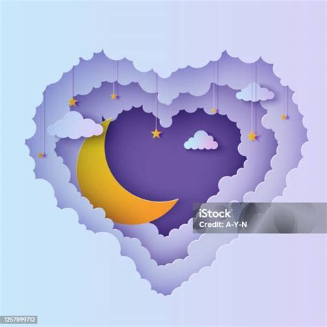 발렌타인은 보라색 파란색 그라데이션 흐린 풍경과 달 종이 컷 예술과 3d 배경을 잘라 종이 컷 스타일로 밧줄에 금 초승달 별과 밤 하늘 구름 심장 프레임 벡터 러브 카드