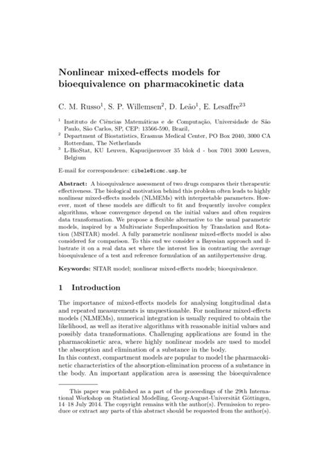 Pdf Nonlinear Mixed Effects Models For Bioequivalence On