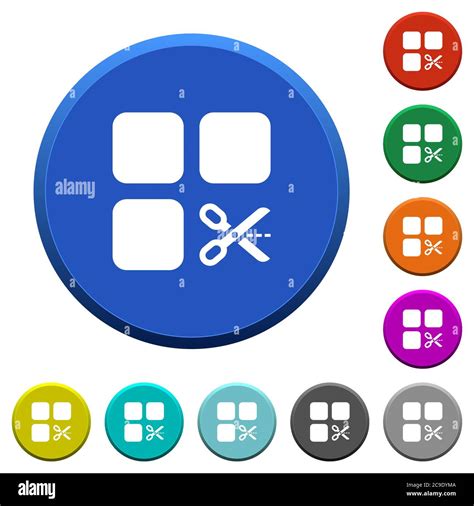 Cut Component Round Color Beveled Buttons With Smooth Surfaces And Flat White Icons Stock Vector