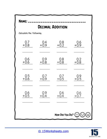 Decimal Addition Worksheets 15