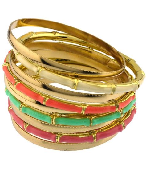 Colorful Color Block Bamboo Texture Multi Bangles Set Total Of 9