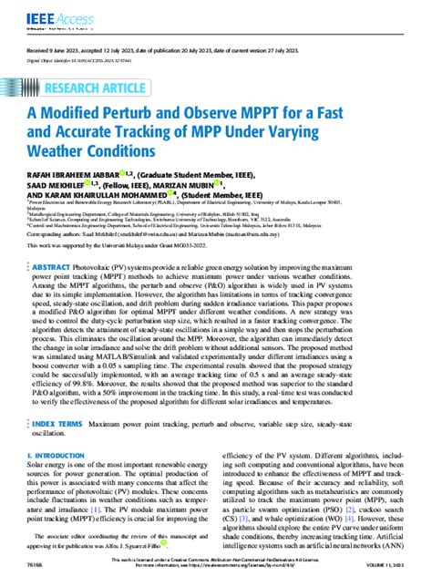 Pdf A Modified Perturb And Observe Mppt For A Fast And Accurate