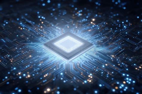 Circuit Board With Glowing Microchip In Dark Environment Showcasing Advanced Technology Stock