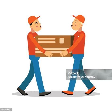 두 노동자 발동기 남자 잡고 무거운 골 판지 상자를 들고 일 만화 캐릭터에서 유니폼에 특사 벡터 일러스트 레이 션 독일에 대한 스톡 벡터 아트 및 기타 이미지 Istock