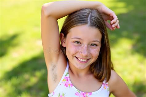 Smiling Girl With Arm Raised Showing Armpit Hair Outdoors In Summer