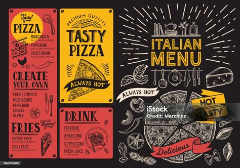 이탈리아 Foodrestaurant 메뉴입니다 대 한 피자 전단지 바와 카페 빈티지 그린 삽화와 함께 서식 파일을 디자인 합니다 피자에 대한 스톡 벡터 아트 및 기타 이미지