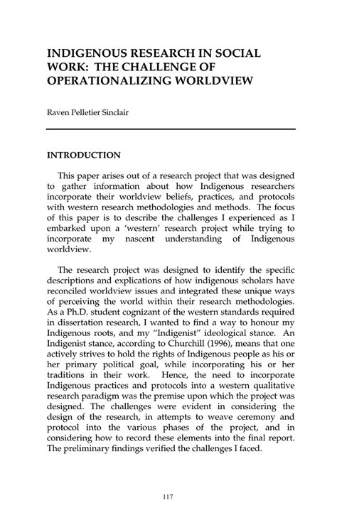 Pdf Indigenous Research In Social Work The Challenge Of Operationalizing Worldview