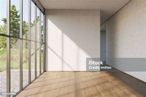 창문과 미니멀한 인테리어 거실 디자인이 있는 고급스러운 빈 로프트 아파트 3d 일러스트레이션 0명에 대한 스톡 사진 및 기타 이미지 Istock
