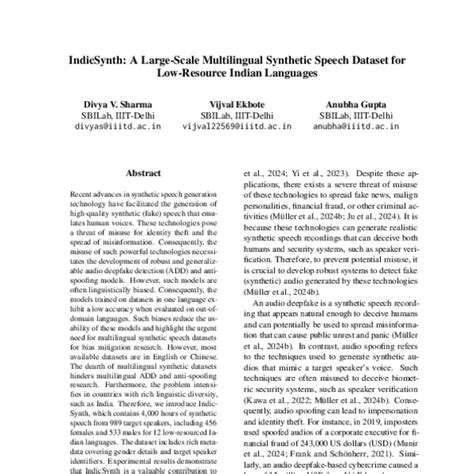 Indicsynth A Large Scale Multilingual Synthetic Speech Dataset For Low Resource Indian