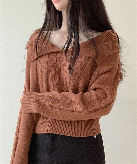 투게더위드미 넓은 카라 오프숄더 꽈배기 케이블 오버핏 크롭 긴팔 이너 니트 브라운 아이보리 그린 바이올렛 봄옷 쿠폰 클리어런스