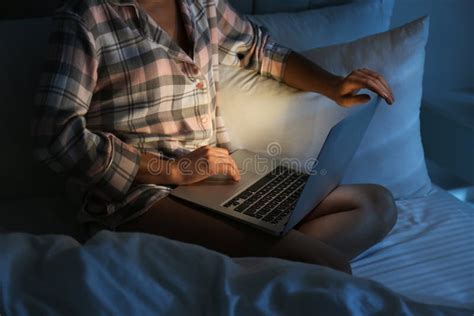 Woman Using Laptop In Bed At Night Closeup Sleeping Disorder Problem Stock Image Image Of