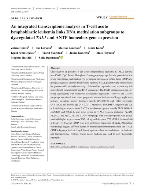 Pdf An Integrated Transcriptome Analysis In T‐cell Acute Lymphoblastic Leukemia Links Dna