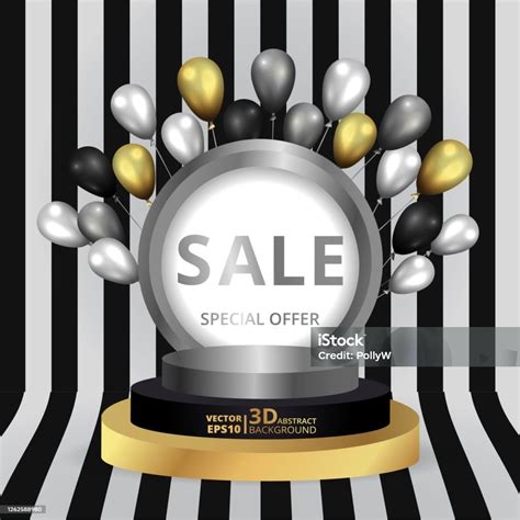 풍선 둥근 플랫폼 및 사실적인 프레임 최소 배경 제품 프리젠 테이션을위한 3d 장면으로 메탈릭 골든 스테이지 0명에 대한 스톡 벡터 아트 및 기타 이미지 Istock