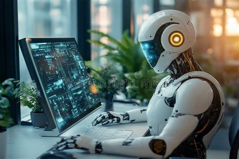 Humanoid Robot Working At A Futuristic Workstation With Glowing Digital Screens And Lush