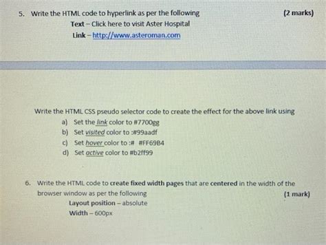 Solved 2 Marks 5 Write The Html Code To Hyperlink As Per