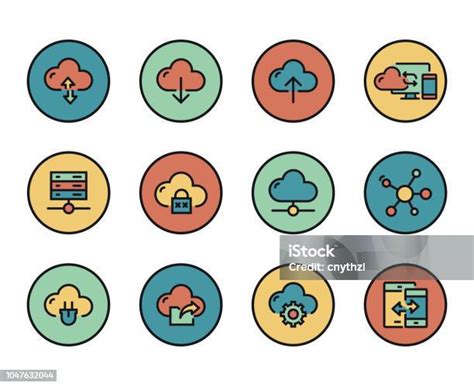 클라우드 컴퓨팅의 라인 아이콘 세트입니다 현대 컬러 플랫 디자인 선형 그림 컬렉션입니다 스트로크 기호 팩의 벡터 개념을 설명 합니다 프리미엄 품질 웹 그래픽 자료입니다 공유