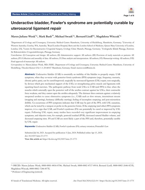 Pdf Underactive Bladder Fowlers Syndrome Are Potentially Curable By Uterosacral Ligament Repair