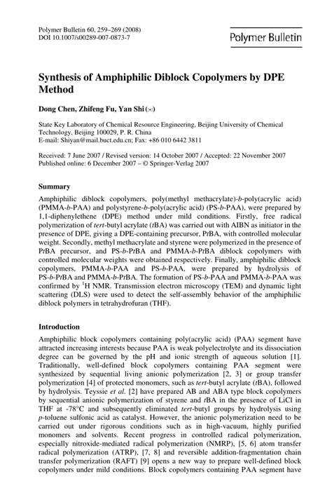 Pdf Synthesis Of Amphiphilic Diblock Copolymers By Dpe Method