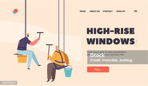 산업용 딥 클리닝 회사 서비스 방문 페이지 템플릿 등반 기어에 유니폼 클리닝 안경을 착용 한 남성 가사 집안일에 대한 스톡 벡터