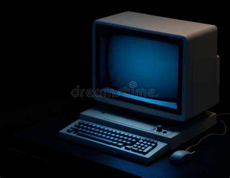 Vintage Computer Setup With Blue Screen Glow And Mouse On Desk Stock Illustration Illustration