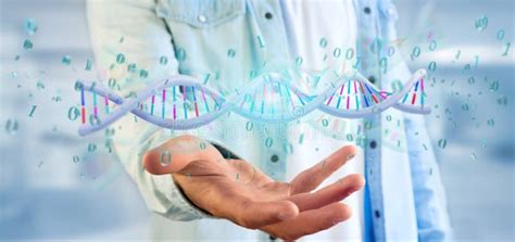 man holding a 3d rendering data coded dna with binary file around stock