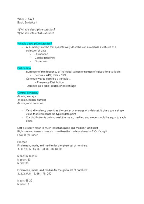 Basic Statistics Ii Lecture Notes Descriptive And Inferential Stats
