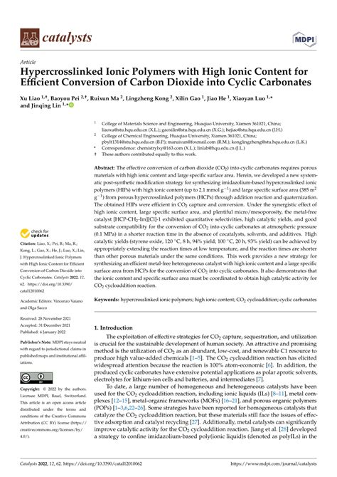 Pdf Hypercrosslinked Ionic Polymers With High Ionic Content For Efficient Conversion Of Carbon