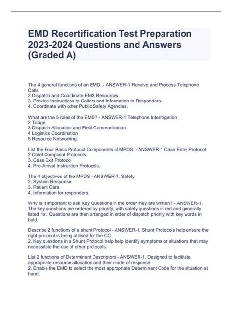 EMD Recertification Test Preparation Questions And Answers Graded A EMD Emergency Medical