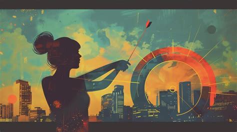 Active Woman Throwing A Dart In Front Of A Captivating Cityscape Showcasing Determination And