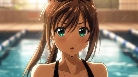 A Confused Anime Girl In A Swim Lesson Uniform Facing Away From The