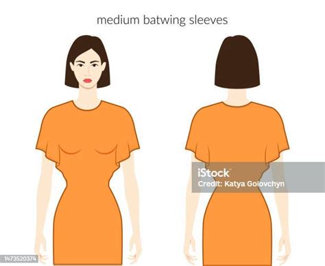 배트윙 소매 중간 길이 옷 캐릭터 오렌지 탑 셔츠 드레스 테크니컬 패션 일러스트레이션을 입은 아름다운 아가씨 플랫 의류 템플릿 앞면 뒷면 여성 남성 남녀 공용 Cad 모형