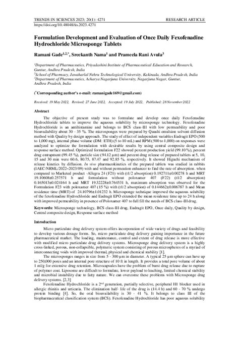 Pdf Formulation Development And Evaluation Of Once Daily Fexofenadine Hydrochloride