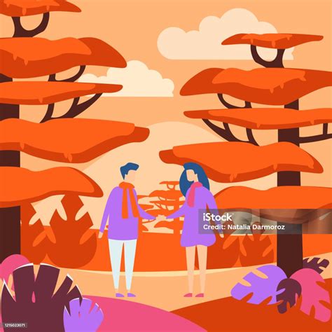 숲 플랫 벡터 그림에 있는 사람들 외출 야외 레크리에이션 가을 시즌 가족 산책 공원에서 젊은 커플 여자 친구와 남자 친구 만화