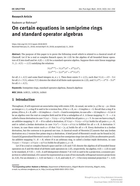 Pdf On Certain Equations In Semiprime Rings And Standard Operator Algebras