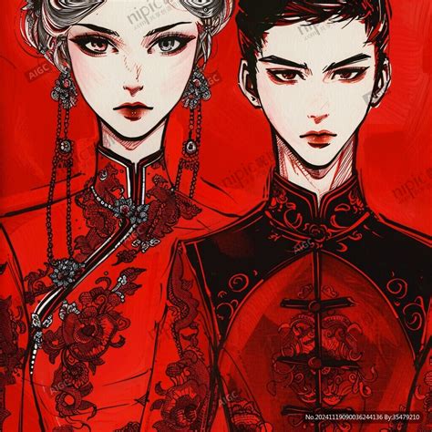 Ai创作图红衣男女q版 中式新郎新娘 漫画中式新娘 古风新郎新娘 画扣旗袍插画 中式新娘插画 中式卡通新郎新娘新人 古风新郎新娘红包 中式婚纱