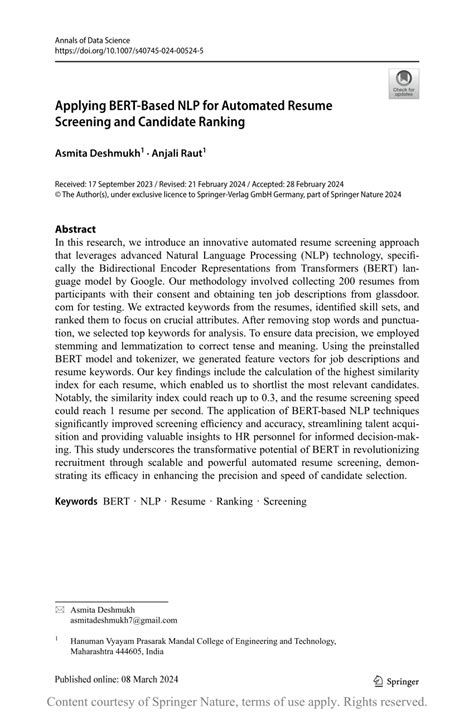Applying BERT Based NLP For Automated Resume Screening And Candidate Ranking
