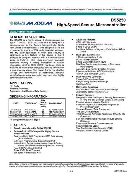 Ds5250 High Speed Secure Microcontroller Dallas Semiconducotr
