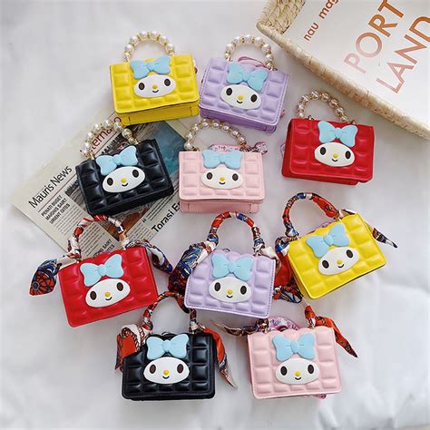 Sanrio Mymelody 애니메이션 진주 핸드백 귀여운 실크 나비 매듭 토트 패션 메신저 배낭 만화 숄더 백 크로스 바디