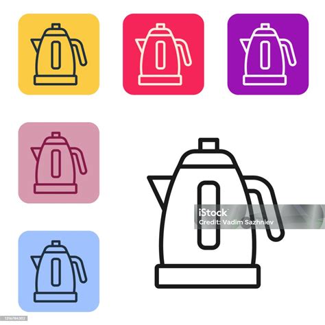 흰색 배경에 격리 된 검은 줄 전기 주전자 아이콘 주전자 아이콘 색상 정사각형 단추로 아이콘을 설정합니다 벡터 0명에 대한 스톡