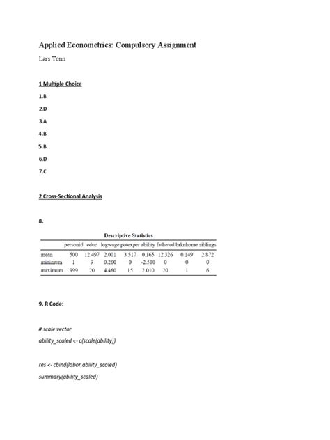 Applied Econometrics Compulsory Assignment Hand In Pdf