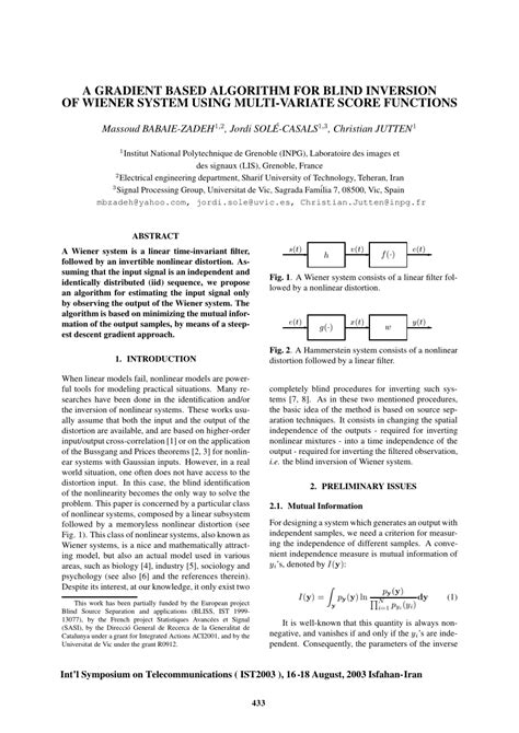 Pdf A Gradient Based Algorithm For Blind Inversion Of Wiener System Using Multi Variate Score