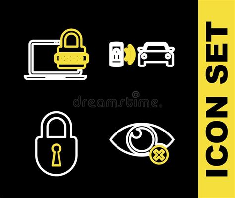 Set Line Smart Car Alarm System Invisible Or Hide Lock And Laptop With Password Icon Vector