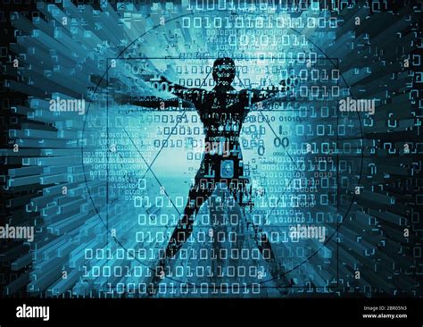 Modern Vitruvian Man And Computer Data Futuristic Grunge Stylized Illustration Of Blue